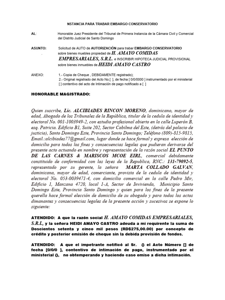 Nstancia para Trabar Embargo Conservatorio | PDF | Pagos