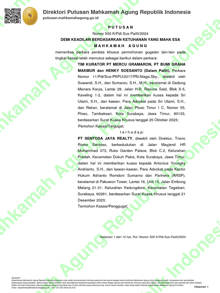 Putusan Kasasi Pailit PT Mercu Gramaron | PDF