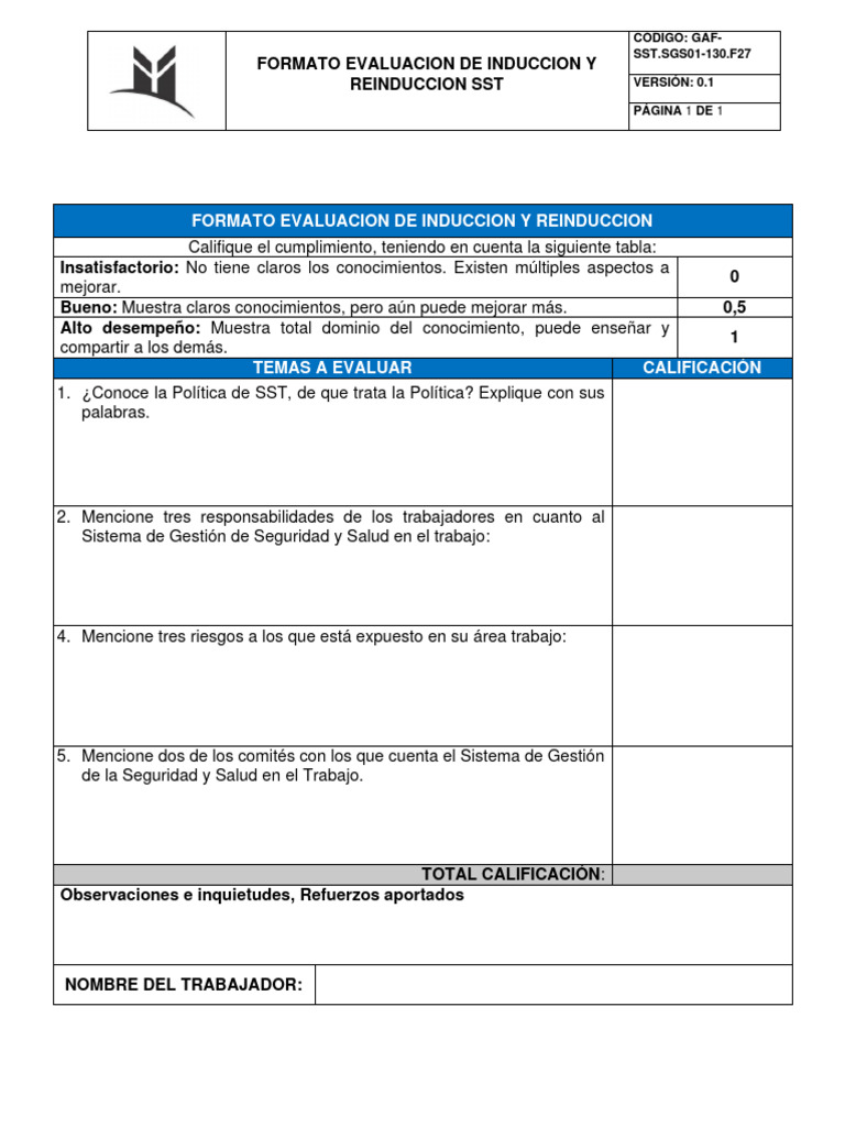 S&so-Mn01-F05 Formato Evaluacion de Induccion y Reinduccion | PDF