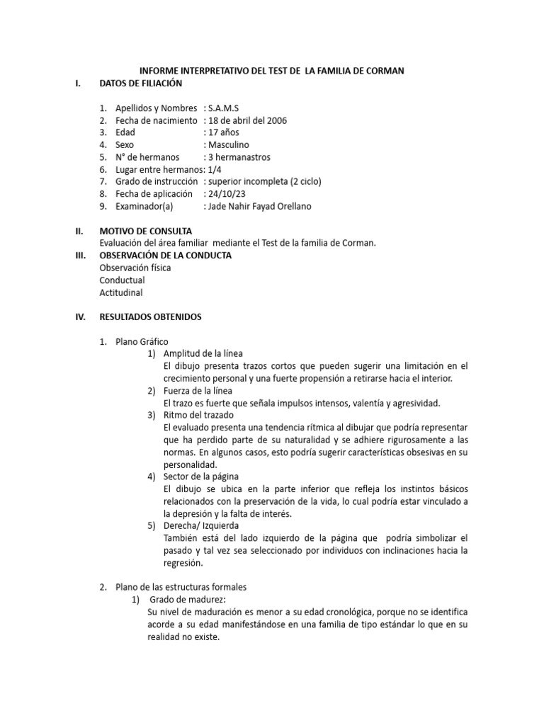 Informe Interpretativo Del Test de La Familia de Corman | PDF | Las ...
