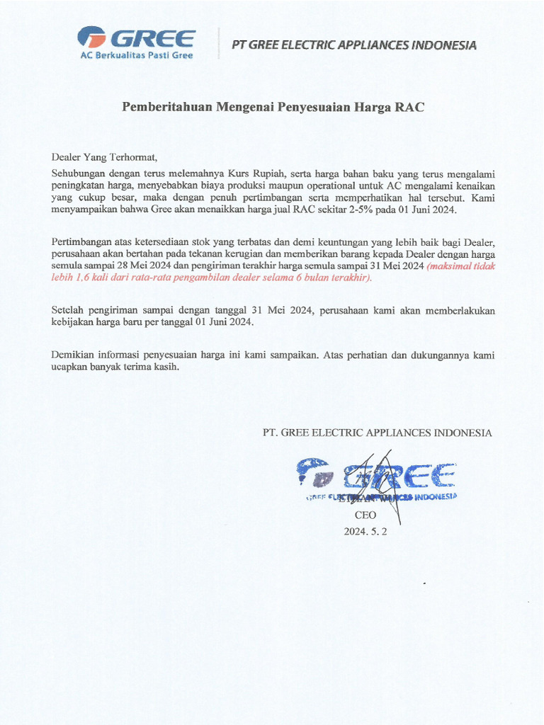 Pemberitahuan Penyesuaian Harga RAC | PDF
