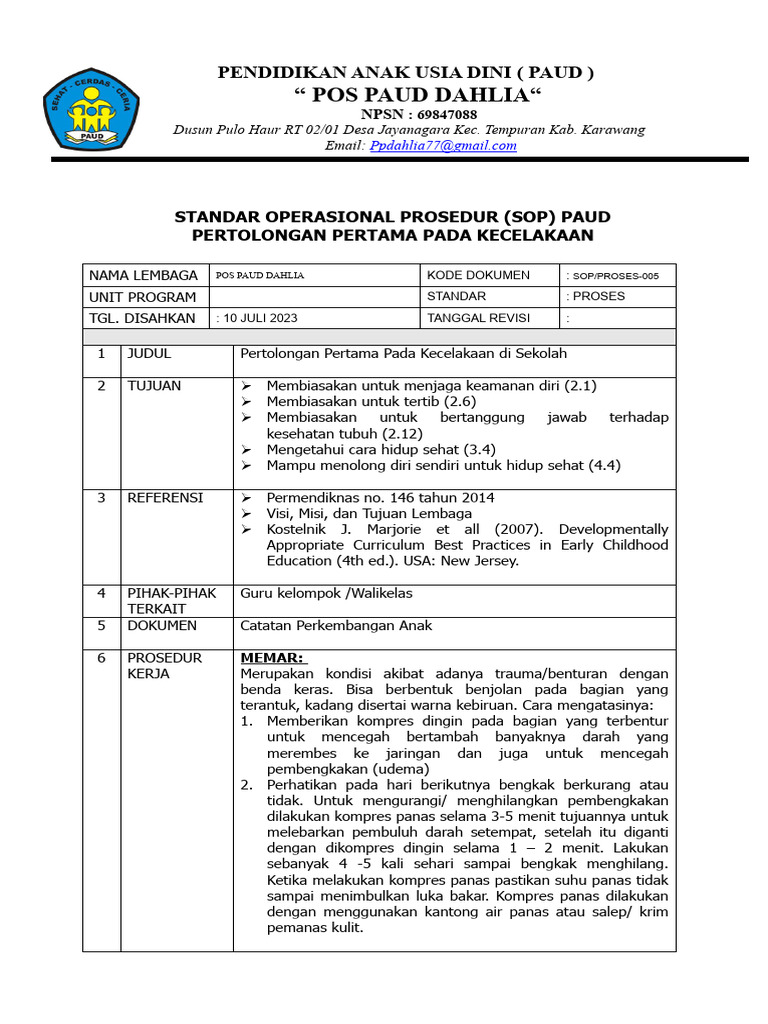 5 Sop Paud Pertolongan Pertama Pada Kecelakaan (P3K) KB | PDF