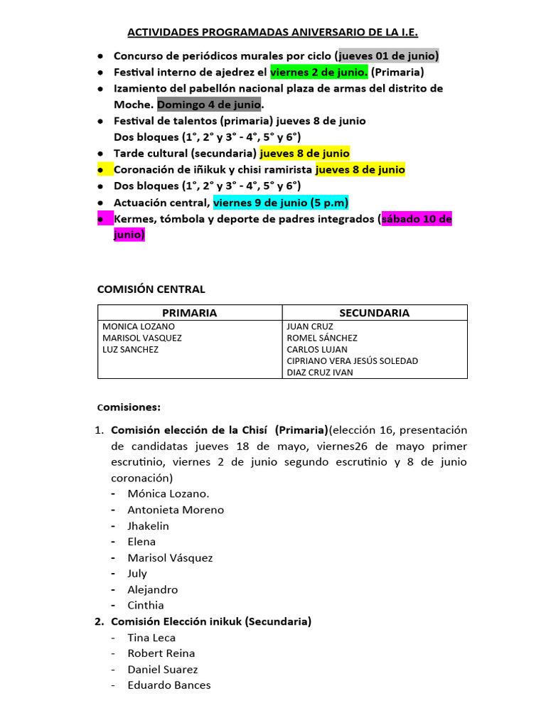 Actividades Programadas Aniversario de La I.E. | PDF