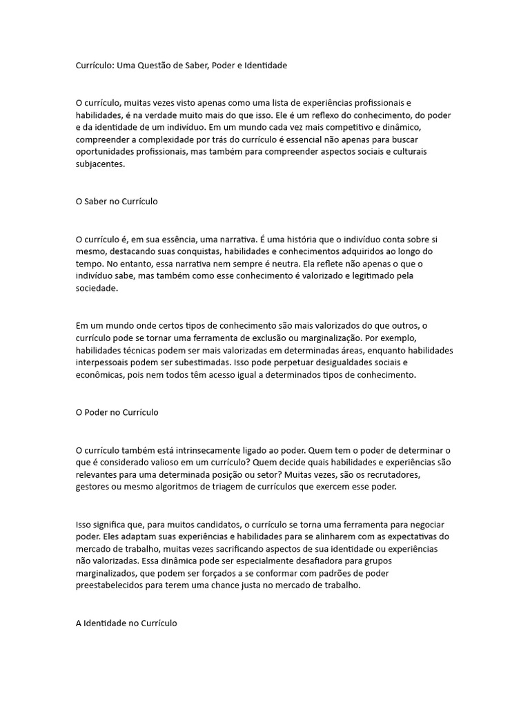 Currículo - Saber Poder e Identidade | PDF | Poder (social e político) | Identidade de gênero
