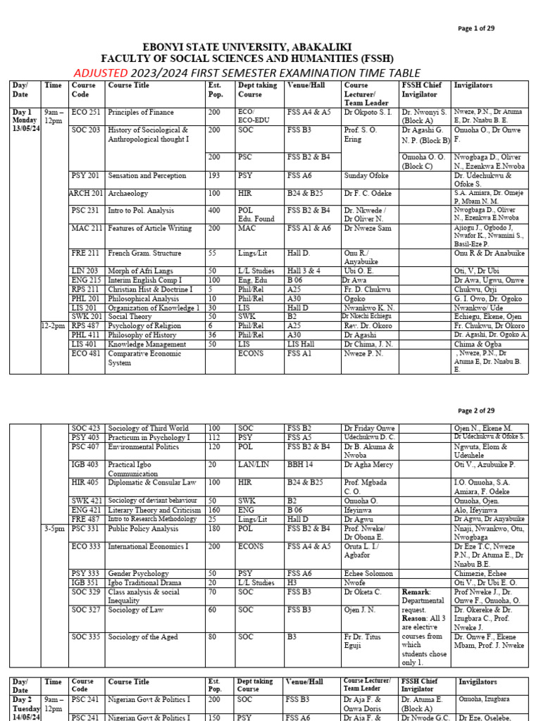 ADJUSTED FSSH Exam Timetable 1st Semester 2023-2024 | PDF | Liberal ...