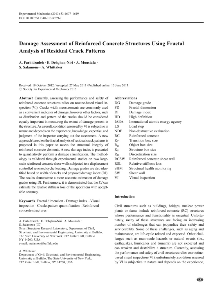 2013 - Damage Assessment of Reinforced Concrete Structures Using Fractal Analysis of Residual ...