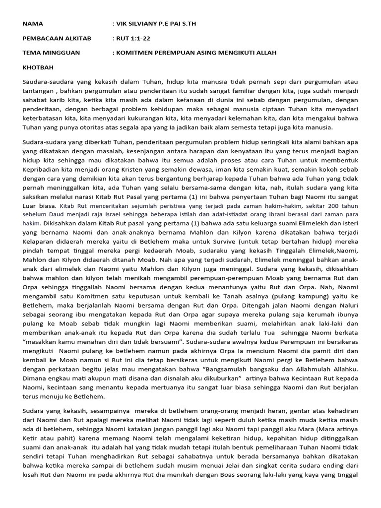 Khotbah Rut Satu Ayat Satu Sampai 22 | PDF