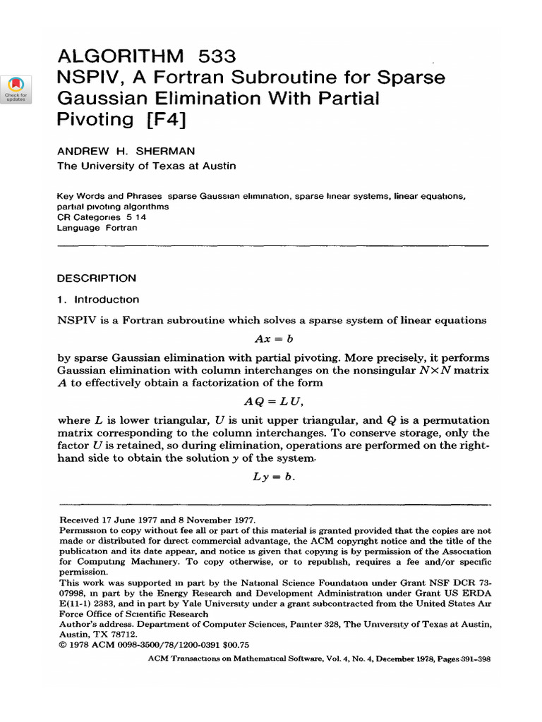 Algorithm 533 NSPIV, A Fortran Subroutine For Sparse Gaussian Elimination With Partial Pivoting ...