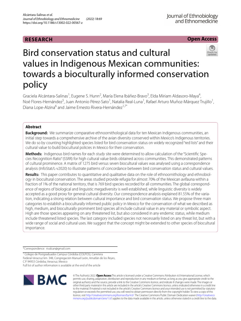 Bird Conservation Status and Cultural Values in Indigenous Mexican ...