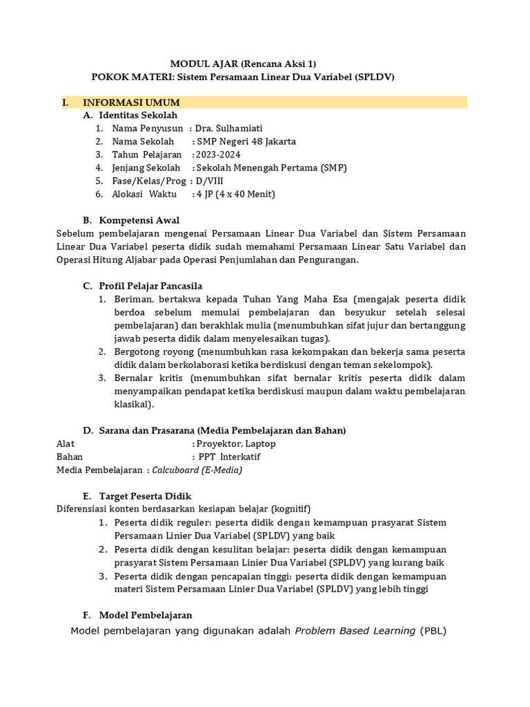 Modul Ajar SPLDV | PDF