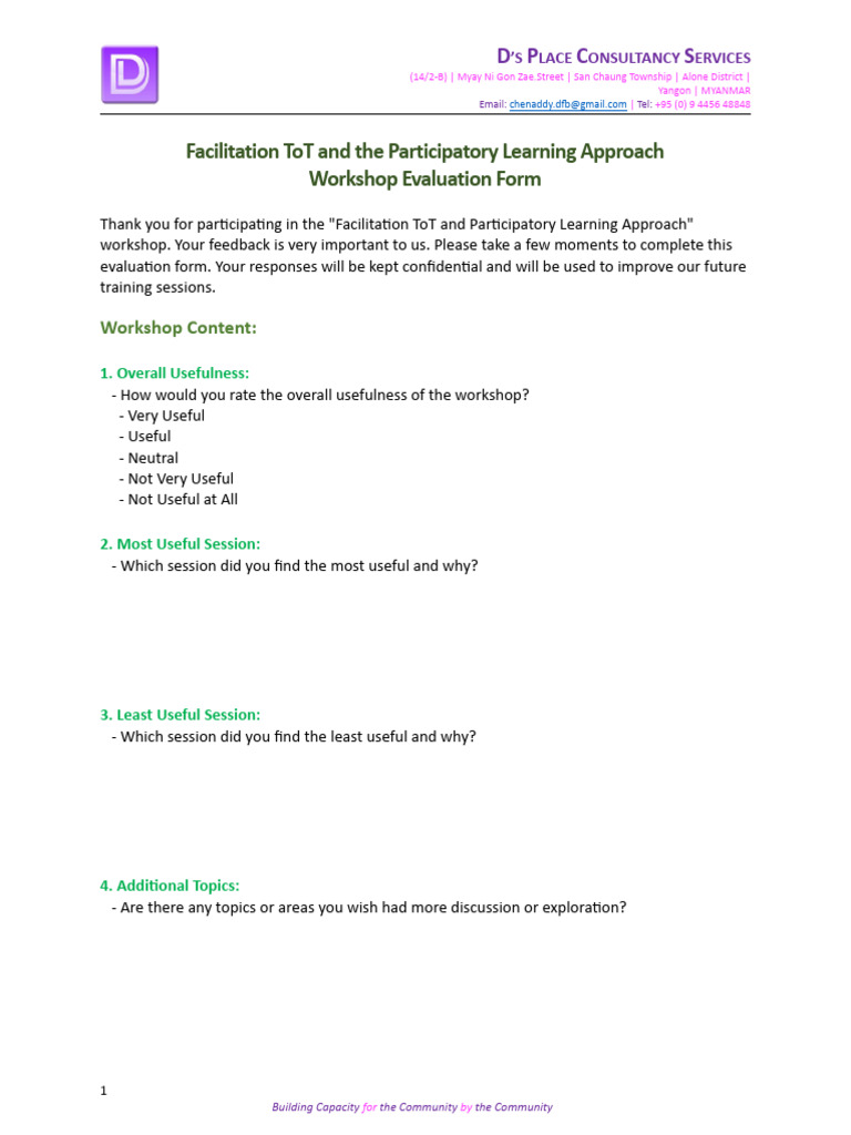WS Design, Facilitation ToT and PLA Evaluation Form_Draft-1 | Download ...
