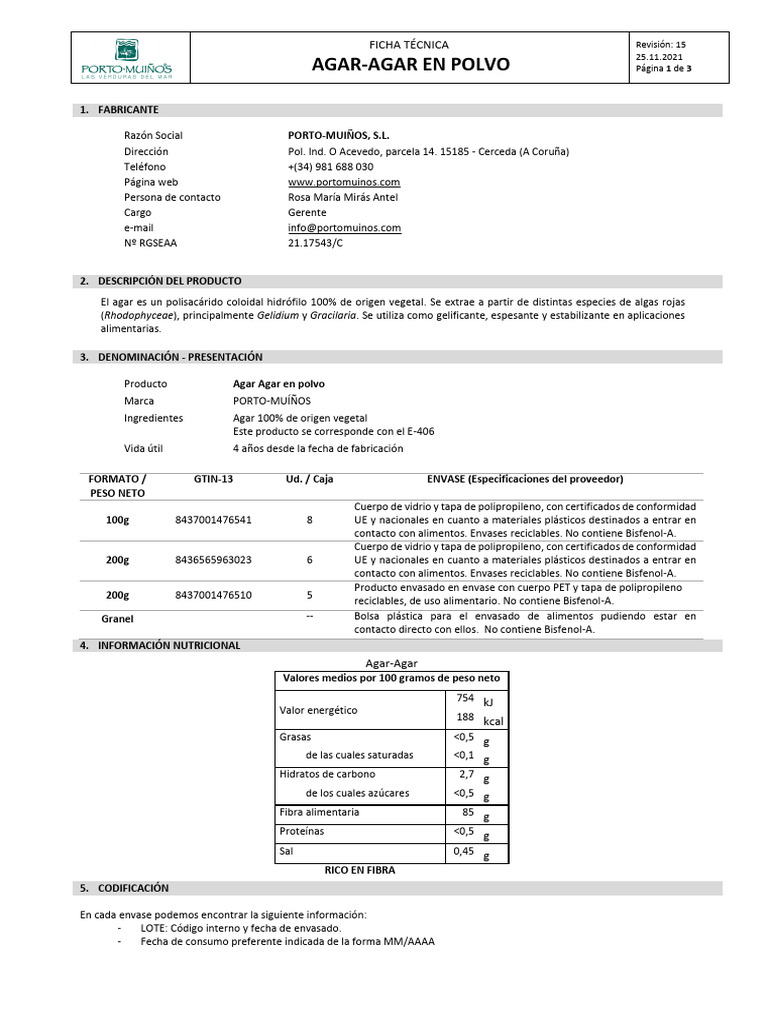 Ficha Tecnica Agar Agar | PDF | Agar | Alimentos