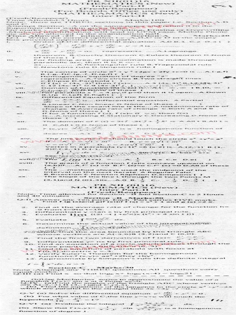 Past Papers 2016 Peshawar Board FSc Part 2 Mathematics English Type | PDF