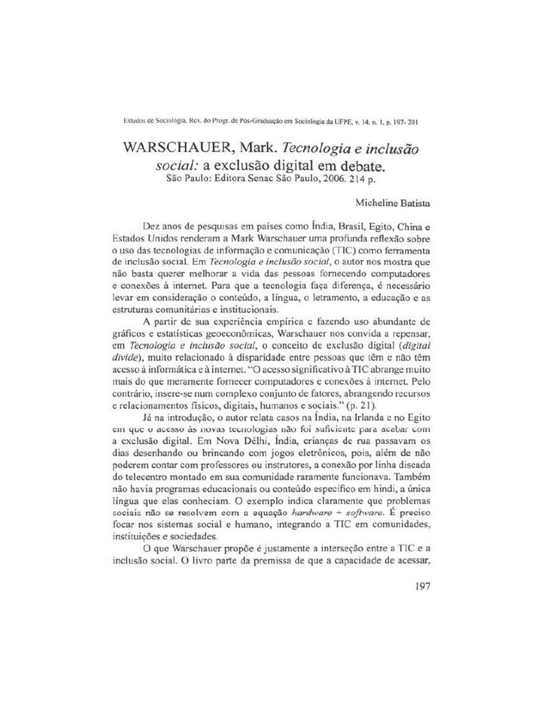 Warschauer Mark Tecnologia e Inclusao So | PDF