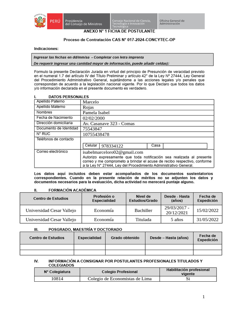 Ficha Postulante y Anexos 01.03.2024 | PDF | Desarrollo profesional | Documento de identidad