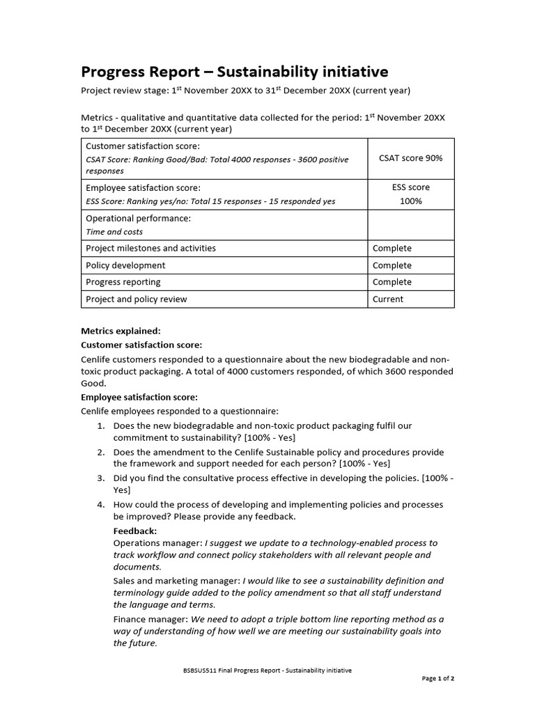 BSBSUS511 Final Progress Report - Sustainability Initiative | PDF | Sustainability | Marketing