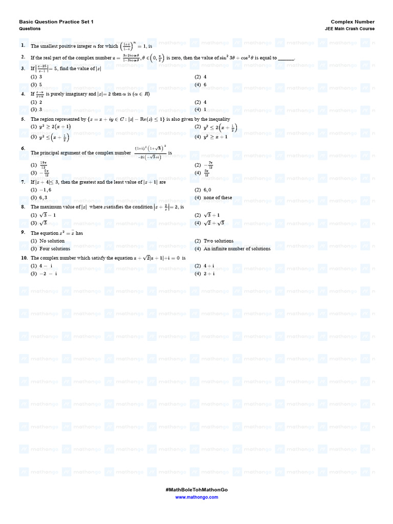 Question Basic Question Practice Set 1 Complex Number JEE Main Crash Course MathonGo | PDF ...