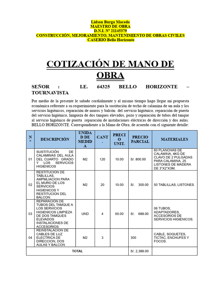 Modelos de Proformas Mano de Obra - Materiales - Transporte | PDF