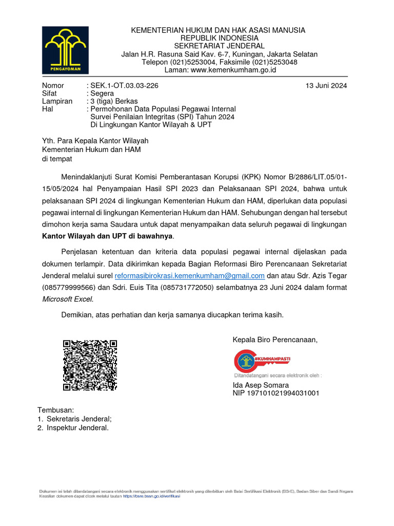 Surat Permohonan Data SPI Kanwil Dan UPT (Pegawai Internal) | PDF