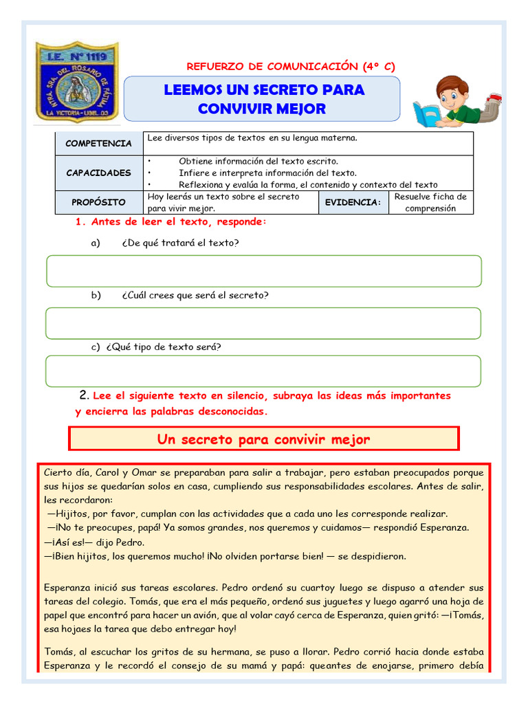 REFUERZO COMU. LEEMOS UN SECRETO PARA CONVIVIR MEJOR | PDF REFUERZO COMU. LEEMOS UN SECRETO PARA CONVIVIR MEJOR | PDF