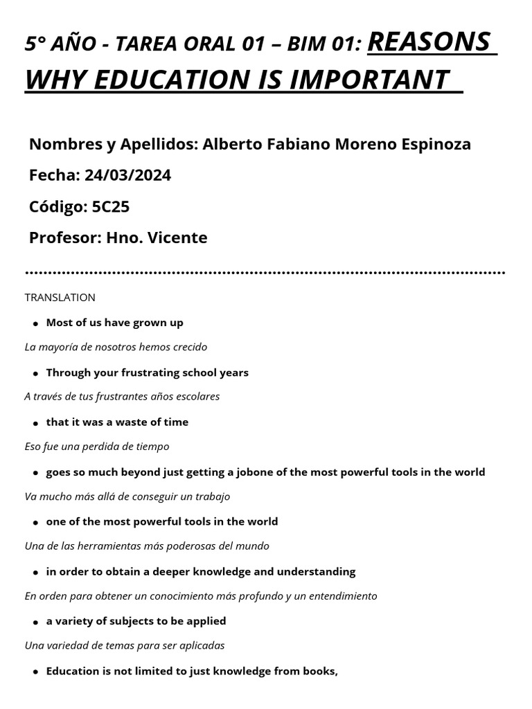 5° Año - Tarea Oral 01 - Bim 01 Reasons Why Education Is Important | PDF