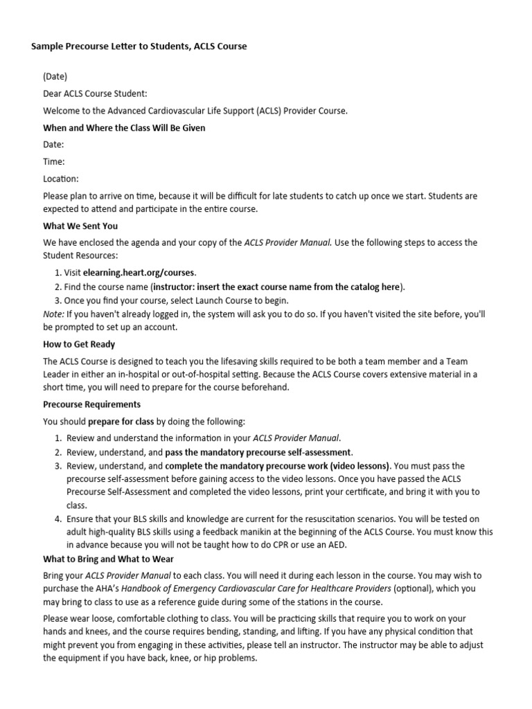 Sample Precourse Letter To Students ACLS Course - Ucm - 506688 | PDF ...