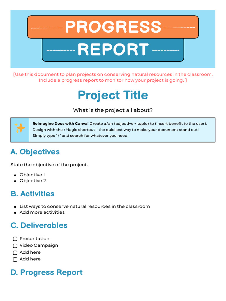 Paper Reduction Project Progress Report Doc in White Blue Lines Style ...