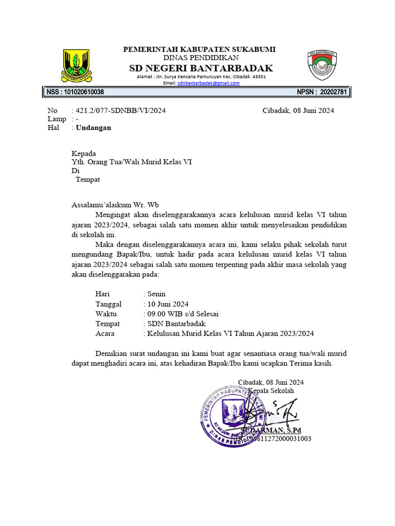 Surat Undangan Kelulusan Kelas 6 | PDF