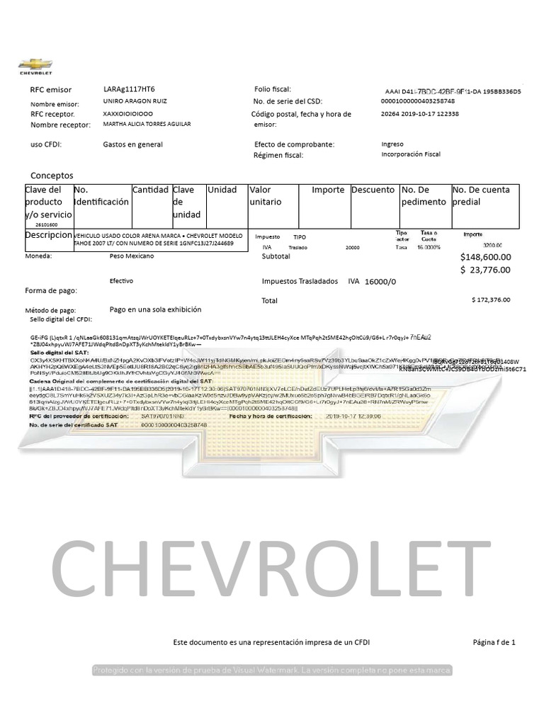 Factura Chevrolet Tahoe | PDF | Factura | Economias