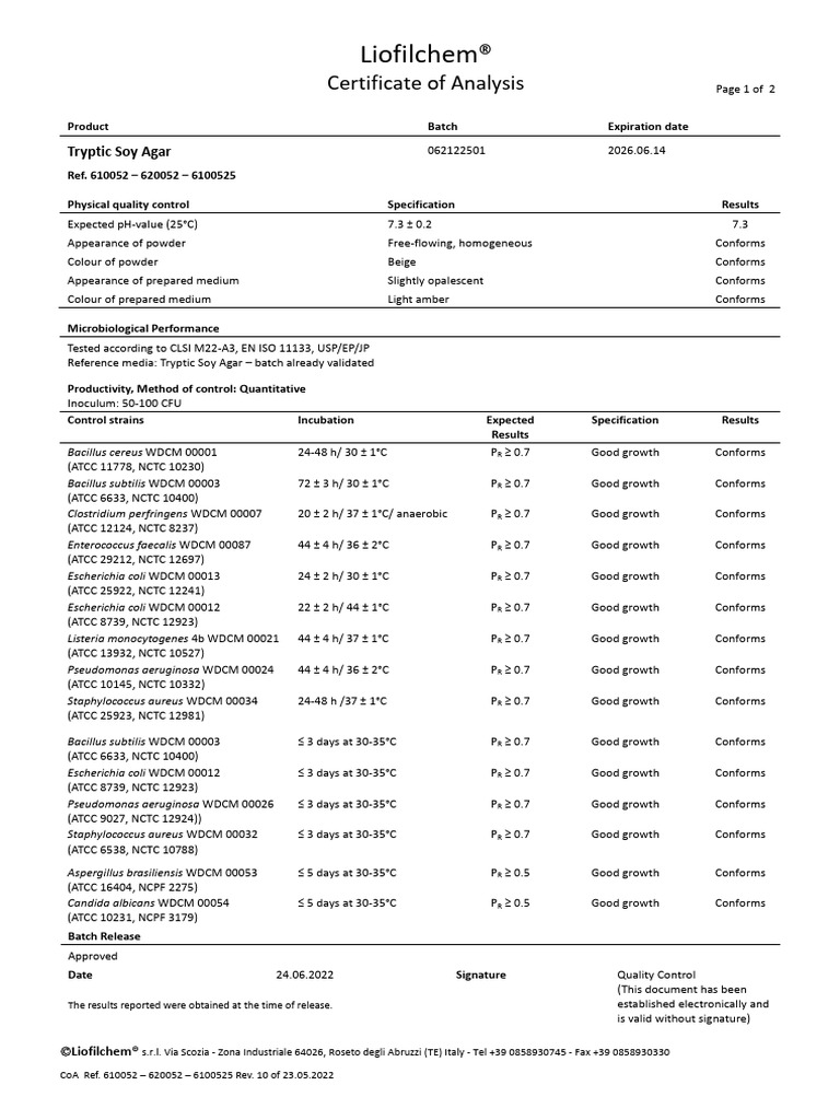 COA TSA Liofilchem 062122501 | PDF | Bacillus | Biology