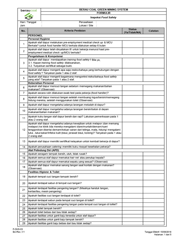 F-OHS-03 - Formulir Inspeksi Food Safety | PDF