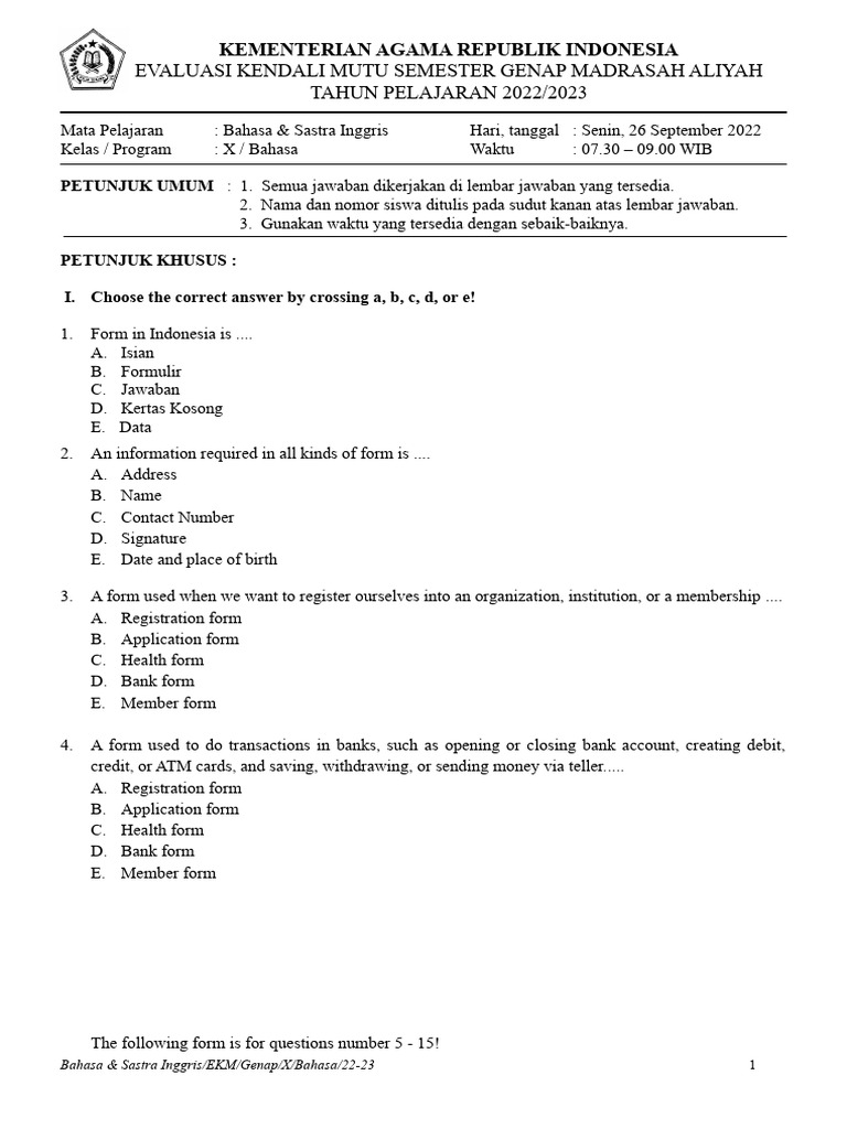 1.1.B Soal Ekm Gasal Bahasa Dan Sastra Inggris X Ibb 2022-2023 | PDF ...