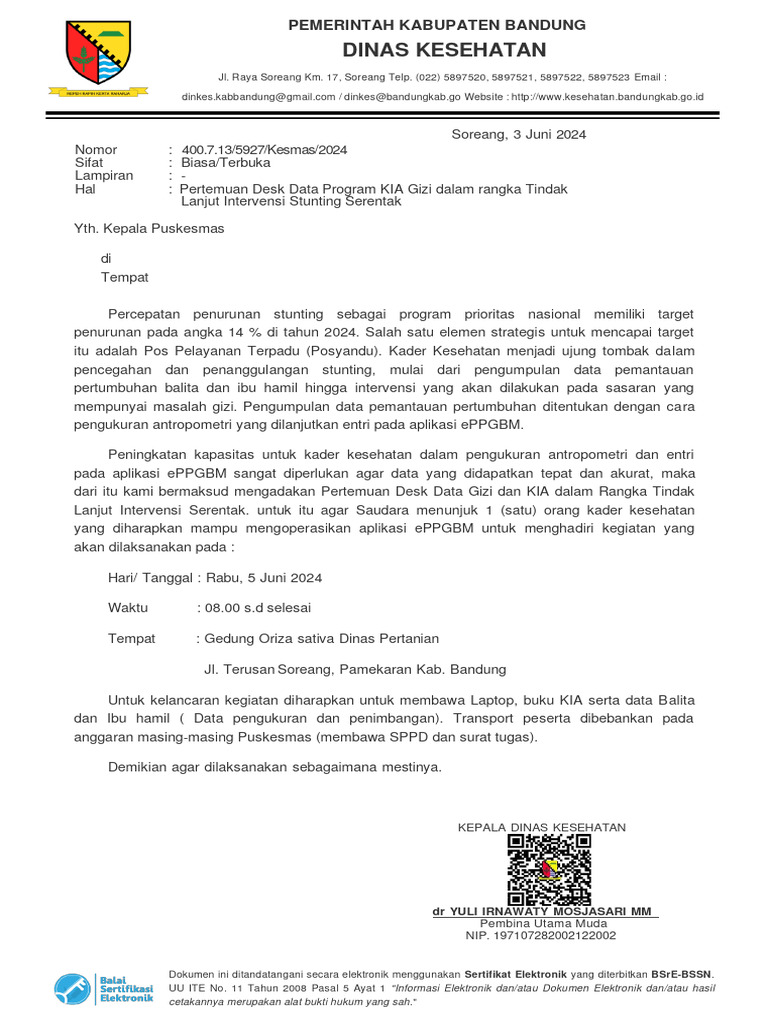 Surat Pertemuan Desk Data Program KIA Gizi Dalam Rangka Tindak Lanjut ...