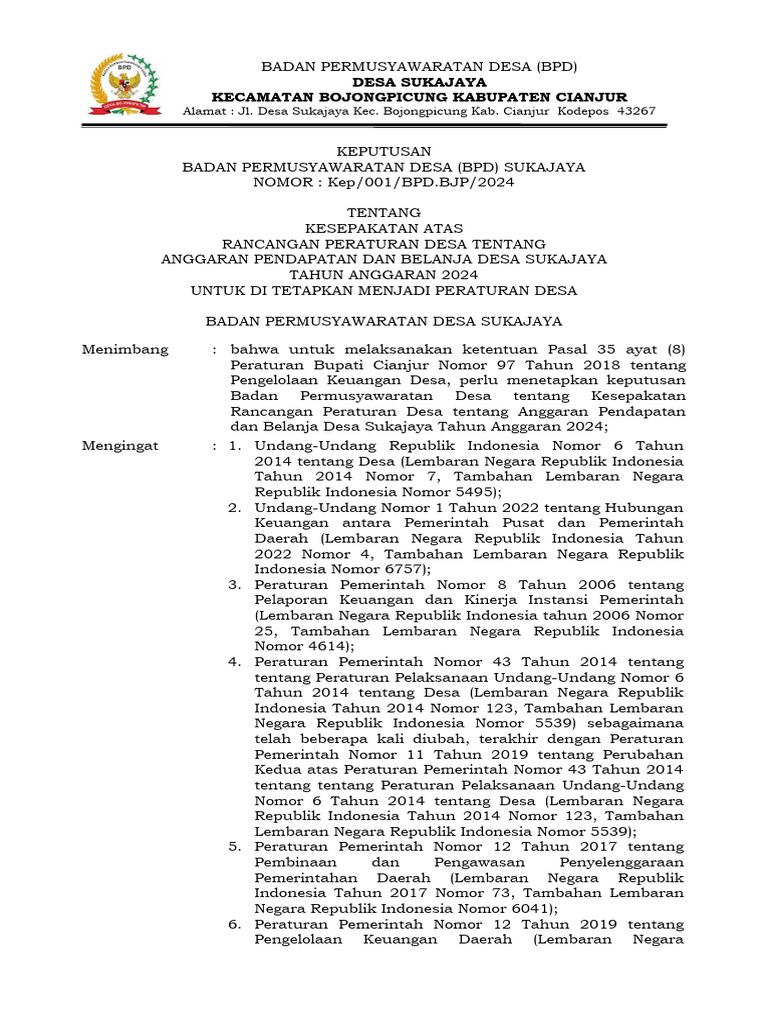 SK Persetujuan BPD TTG Rancangan Perdes APBDes | PDF