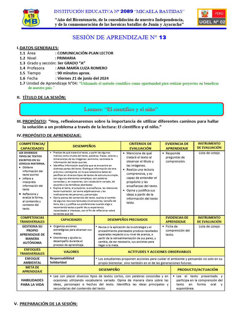 SESIÓN 13-VIERNES 21 JUNIO-PLAN LECTOR | Descargar gratis PDF | Aprendizaje | Evaluación