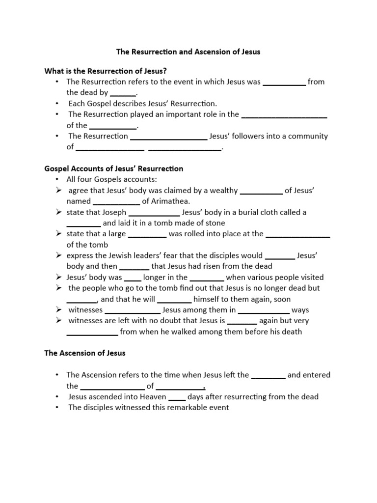 Hre2o The Resurrection and Ascension Worksheet | PDF | Resurrection Of ...