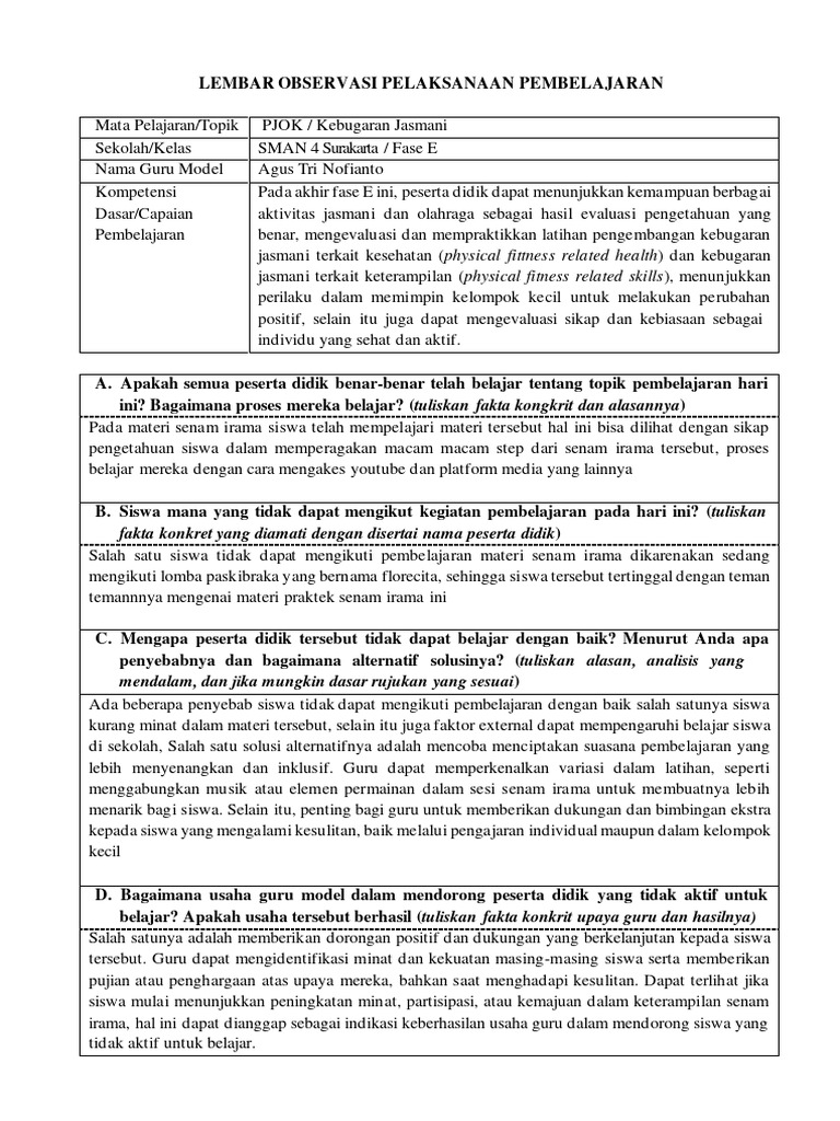 01.05.6-B4-13 Unggah LK 4 - Lembar Observasi Pembelajaran Observer - Siklus 4 Agus-1 | PDF