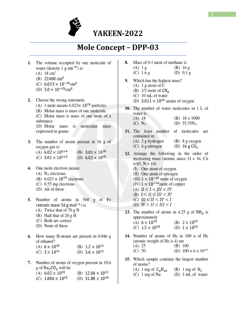 Some Basic Concept of Chemistry _ DPP-03 | Download Free PDF | Mole (Unit) | Molecules