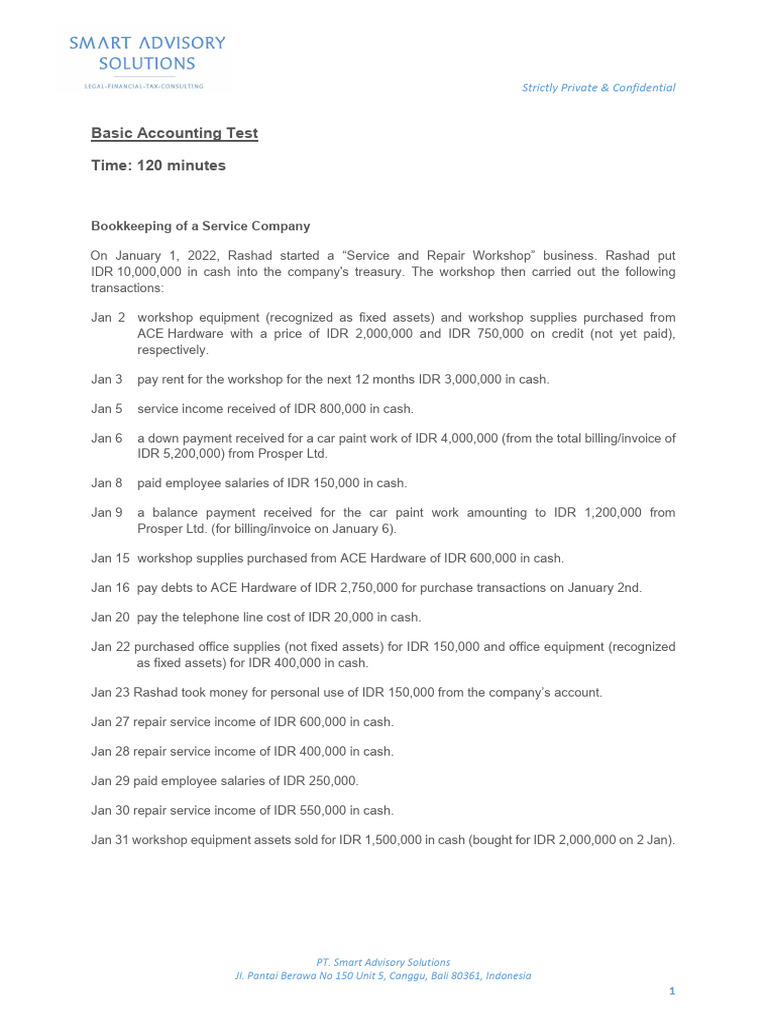 Basic Accounting Test for Service Workshop | PDF | Cash | Indonesian Rupiah
