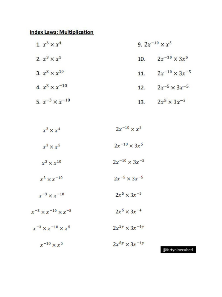 Index Law 1 Extention Task Year 8 | PDF