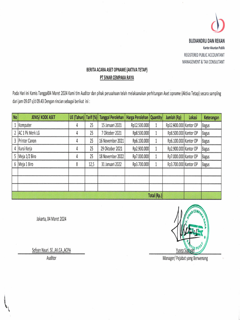 Asset Opname PT Sinar Cempaka Raya 2023 | PDF