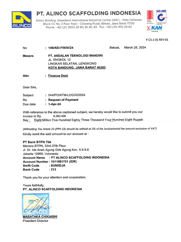 Invoice Andalan - Ignite PO 044 | PDF