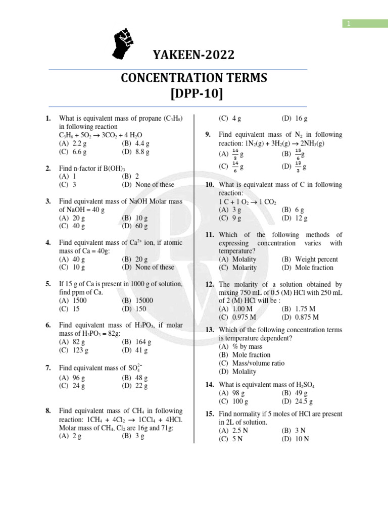 Some Basic Concept of Chemistry - DPP-10 | PDF | Concentration | Molar Concentration
