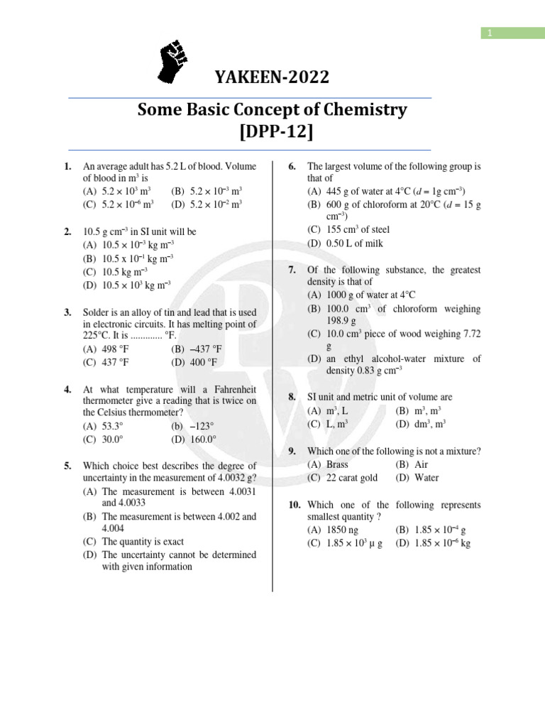 Some Basic Concept of Chemistry - DPP-12 | PDF | Density | Metrology
