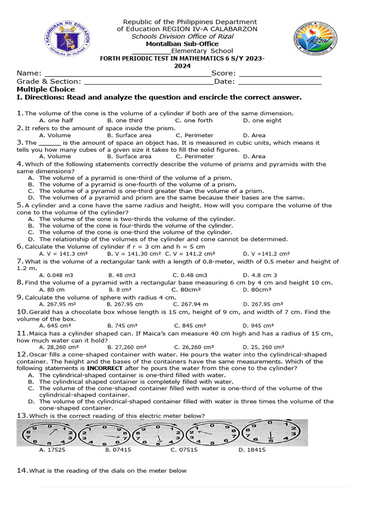 Grade 6 Mathematics Test Review | PDF | Volume | Area