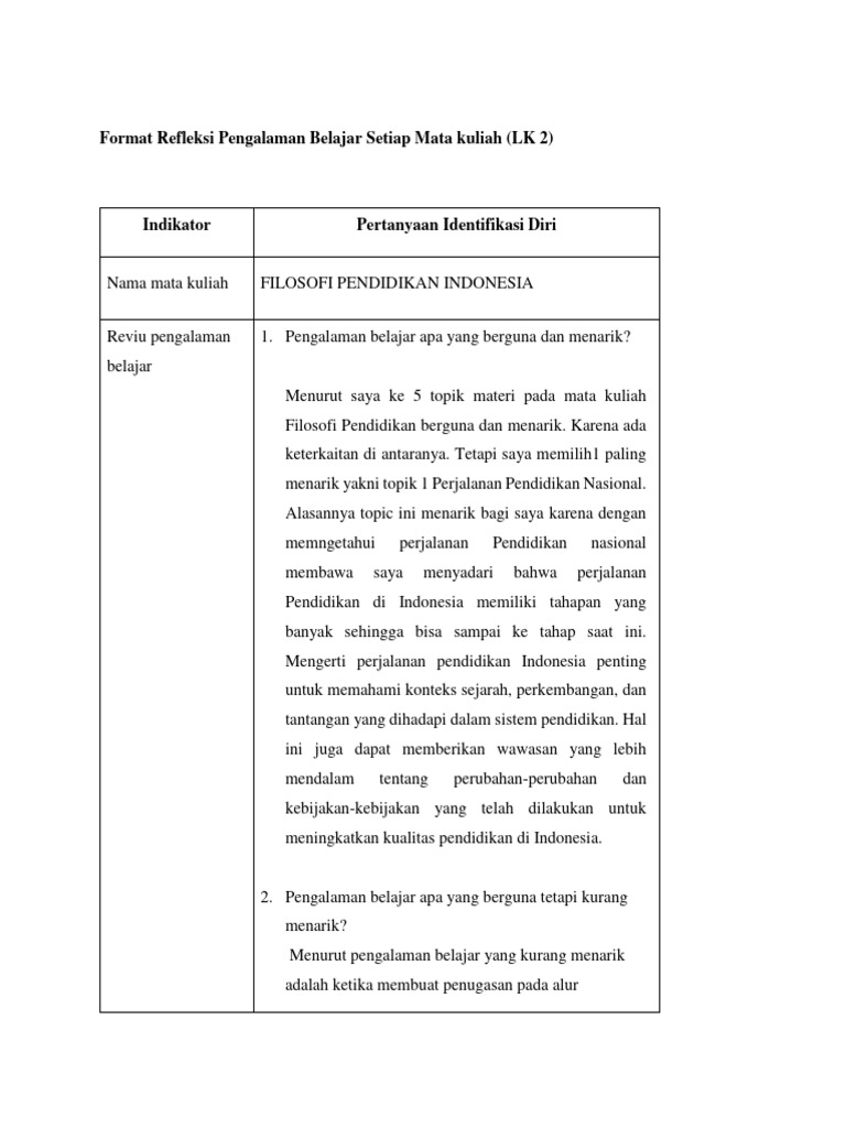 Jurnal Refleksi - Muhamad Fahmi Bisma - Filosofi Pendidikan Indonesia | PDF | Karier & Perkembangan