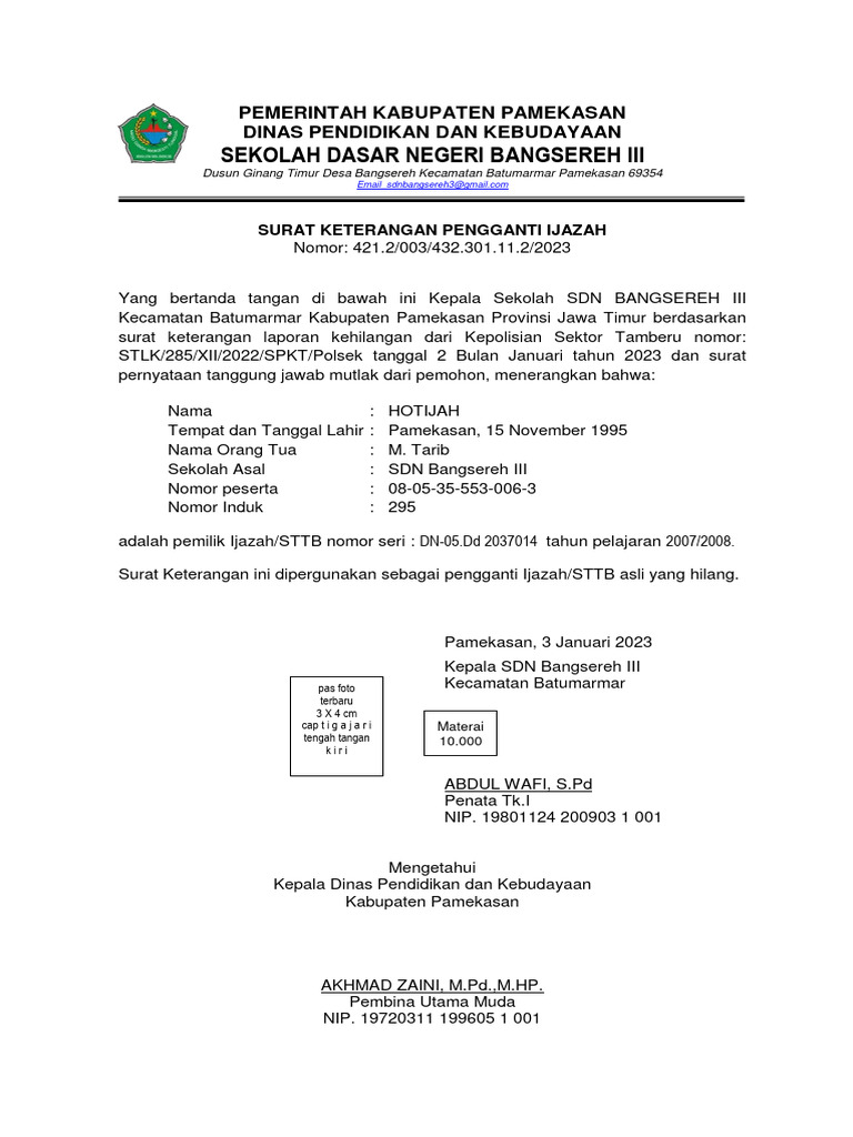 Surat Keterangan Hilang STTB & SPTJM-KUASA | PDF