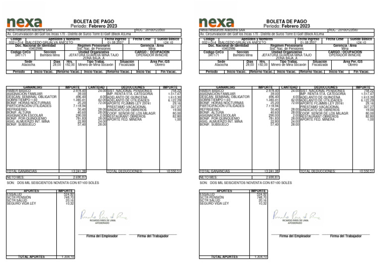 Boleta de Pago Febrero 2023 - Nexa Resources | PDF