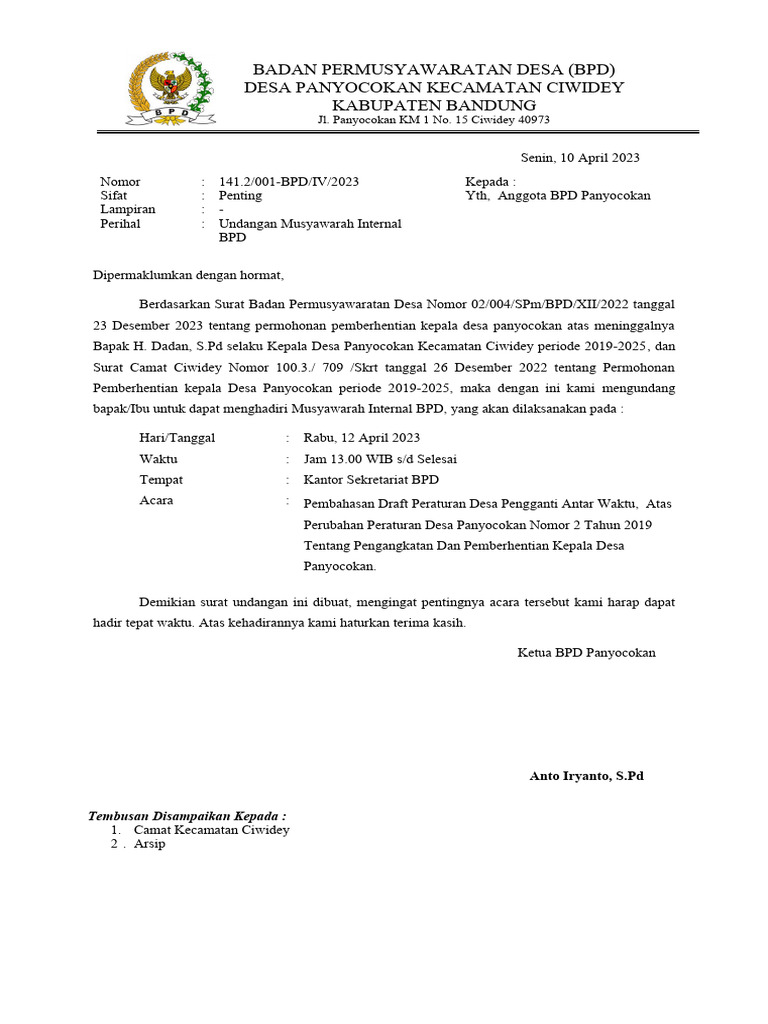 Undangan Musyawarah BPD Panyocokan | PDF | Griya & Taman