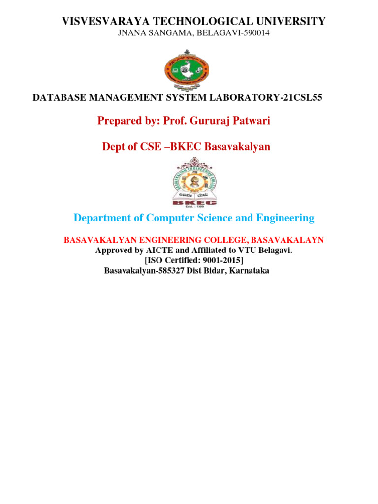 DBMS Lab Malual 5th Semester | PDF | Databases | Sql